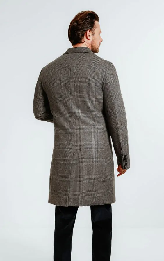 Dobell Grey Prince of Wales Check Tweed Overcoat | Dobell