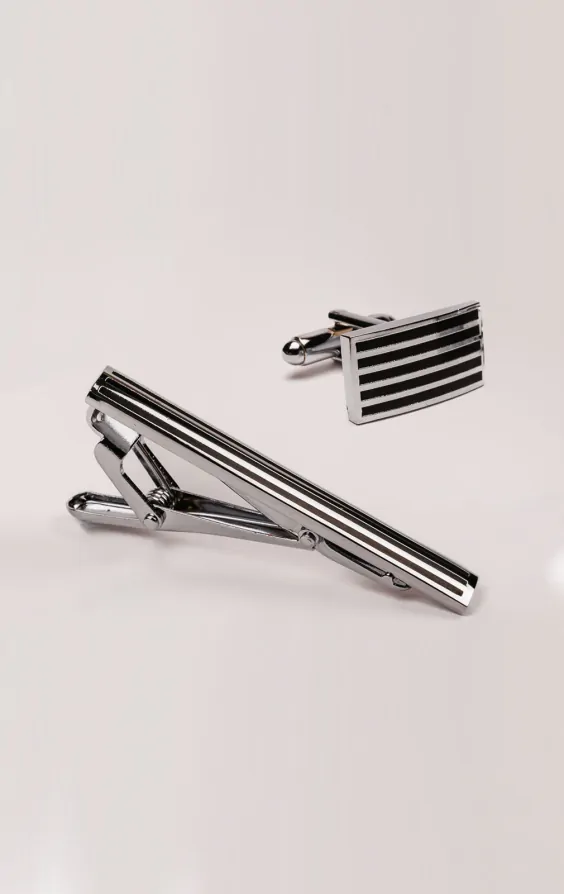 Dobell Silver and Black Coloured Rectangle Cufflinks and Tie Clip | Dobell