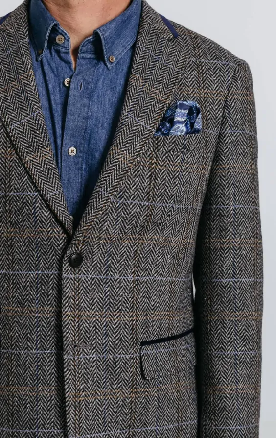 Grey and Blue Check Tweed Wool Blend Jacket with Velvet Trim | Dobell