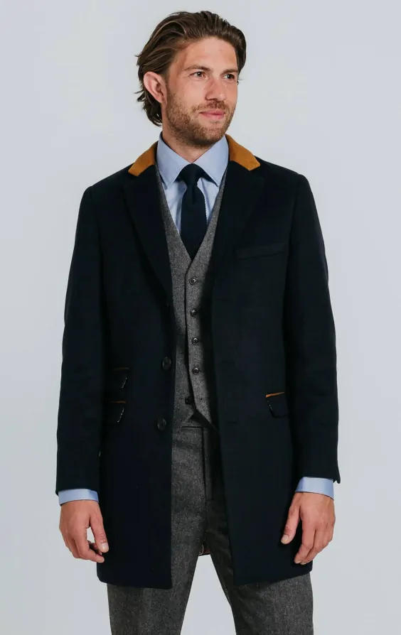 Navy Overcoat with Tan Trims | Dobell