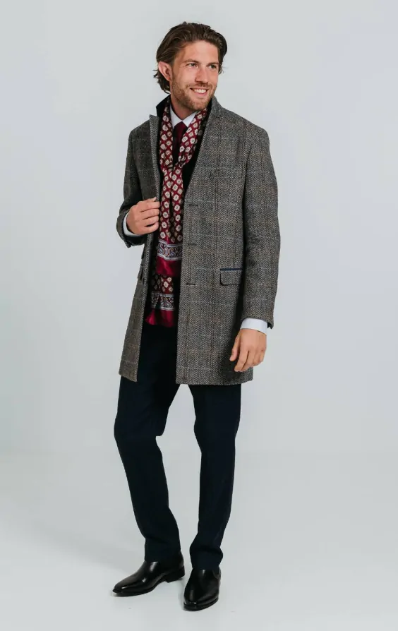 Grey and Blue Check Tweed Wool Blend Overcoat with Velvet Trim | Dobell