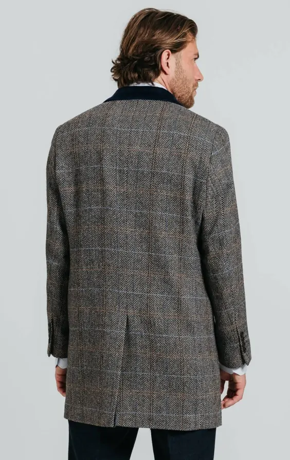 Grey and Blue Check Tweed Wool Blend Overcoat with Velvet Trim | Dobell