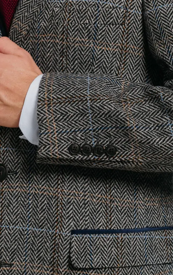 Grey and Blue Check Tweed Wool Blend Overcoat with Velvet Trim | Dobell