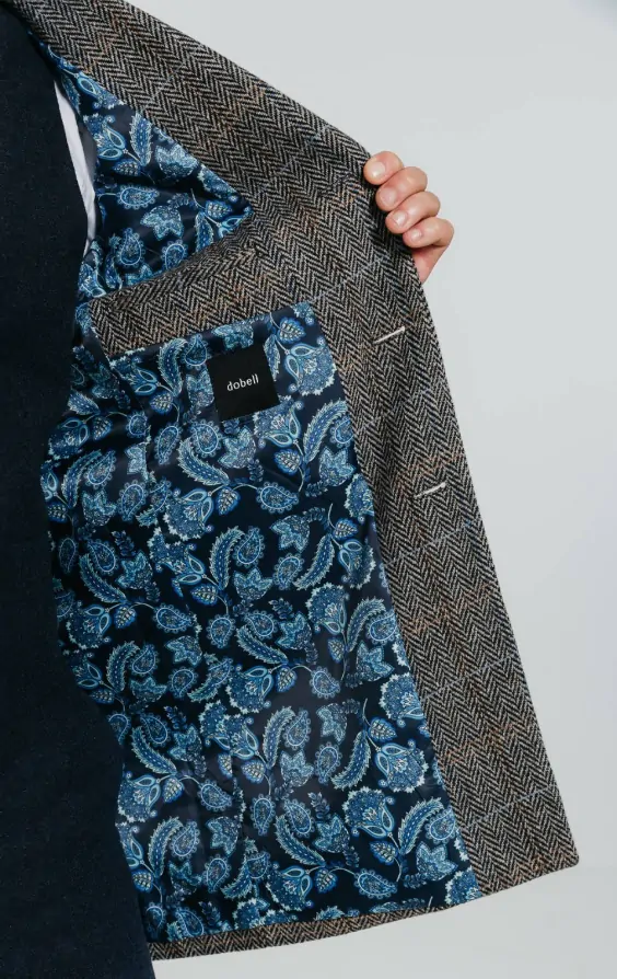 Grey and Blue Check Tweed Wool Blend Overcoat with Velvet Trim | Dobell