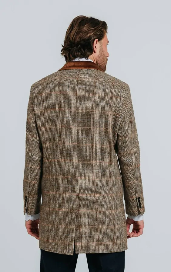 Brown and Blue Check Tweed Wool Blend Overcoat with Velvet Trim | Dobell