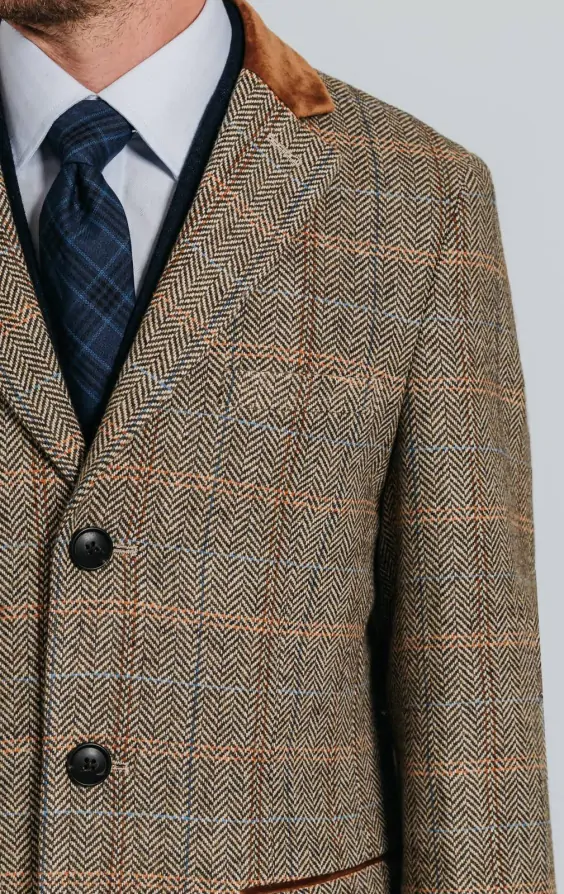Brown and Blue Check Tweed Wool Blend Overcoat with Velvet Trim | Dobell
