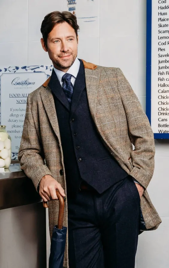 Brown and Blue Check Tweed Wool Blend Overcoat with Velvet Trim | Dobell