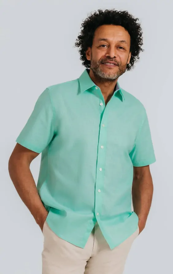 Aqua Linen Short Sleeve Shirt | Dobell