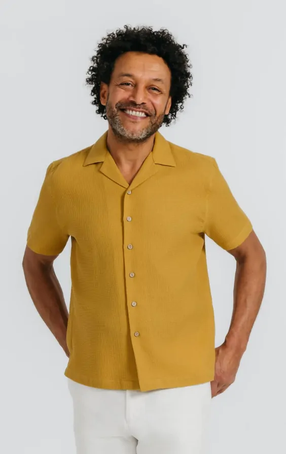Mustard Waffle Cuban Collar Short Sleeve Cotton Shirt | Dobell