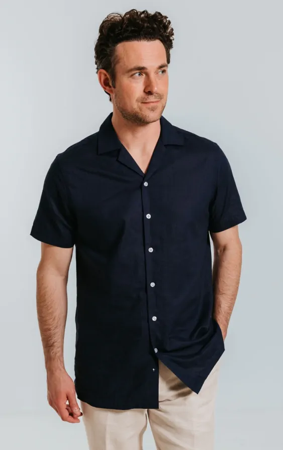 Navy Linen Cuban Collar Short Sleeve Shirt | Dobell