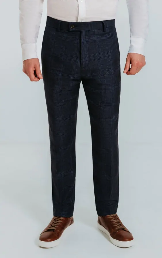 Dobell Blue Check Linen Slim Fit Trousers