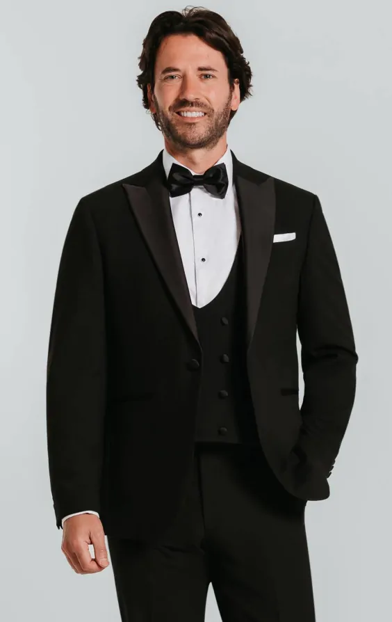 Dobell Black 3 Piece Tuxedo with Peak Lapel | Dobell