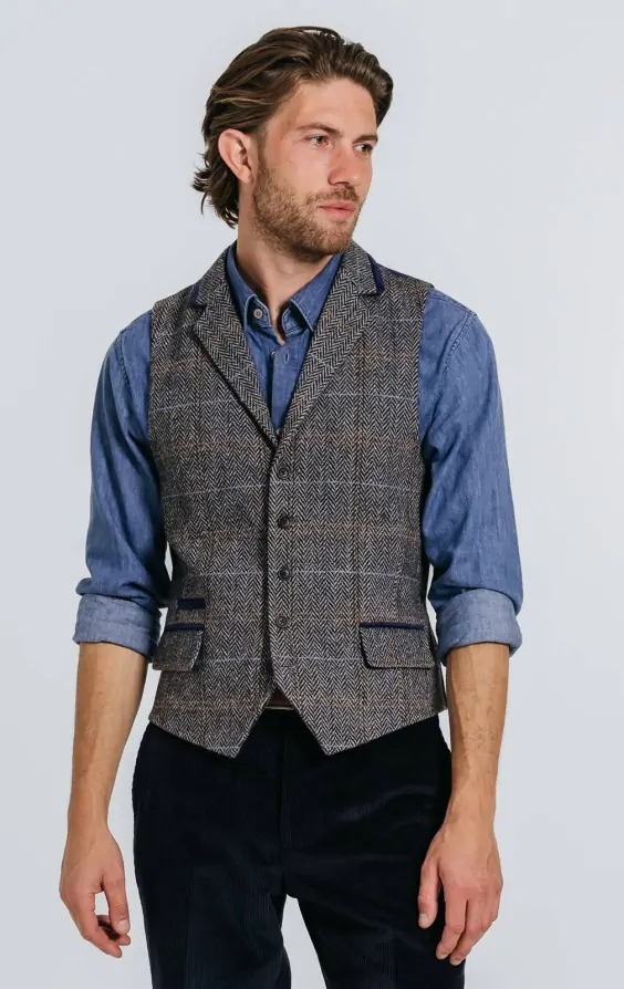 Grey and Blue Check Tweed Wool Blend Waistcoat with Velvet Trim | Dobell