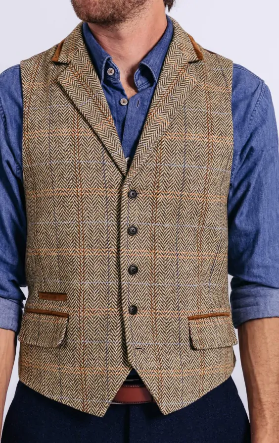 Brown and Blue Check Tweed Wool Blend Waistcoat with Velvet Trim | Dobell