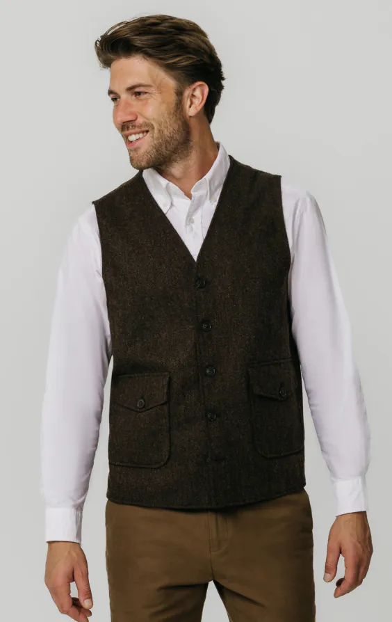 Brown Barleycorn Tweed Waistcoat with Patch Pockets | Dobell