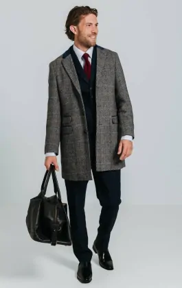 Grey and Blue Check Tweed Wool Blend Overcoat with Velvet Trim | Dobell