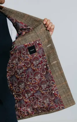 Brown and Blue Check Tweed Wool Blend Overcoat with Velvet Trim | Dobell