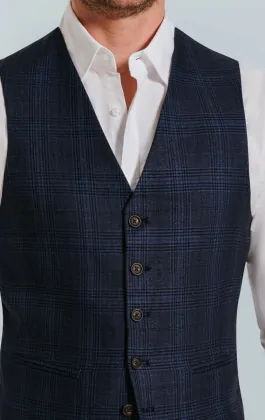 Dobell Blue Check Linen Slim Fit Jacket | Dobell
