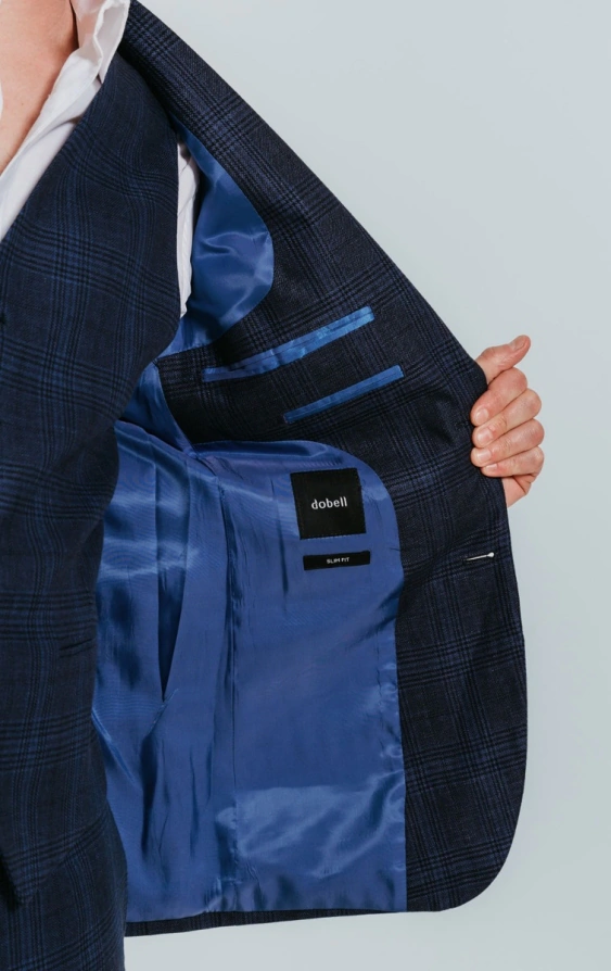 Dobell Blue Check Linen Slim Fit Jacket | Dobell