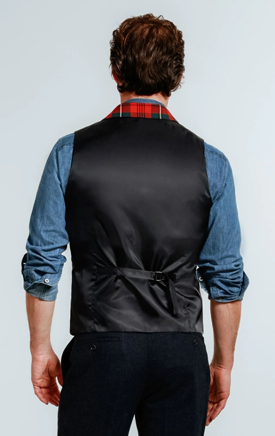 Dobell Red & Green Tartan Check Waistcoat with Notch Lapel | Dobell